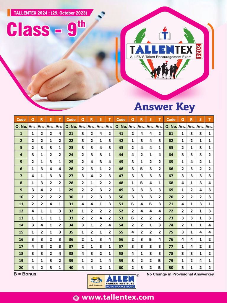 Answerkey Tallentex Class 9th Set 1 Pb8bon | PDF