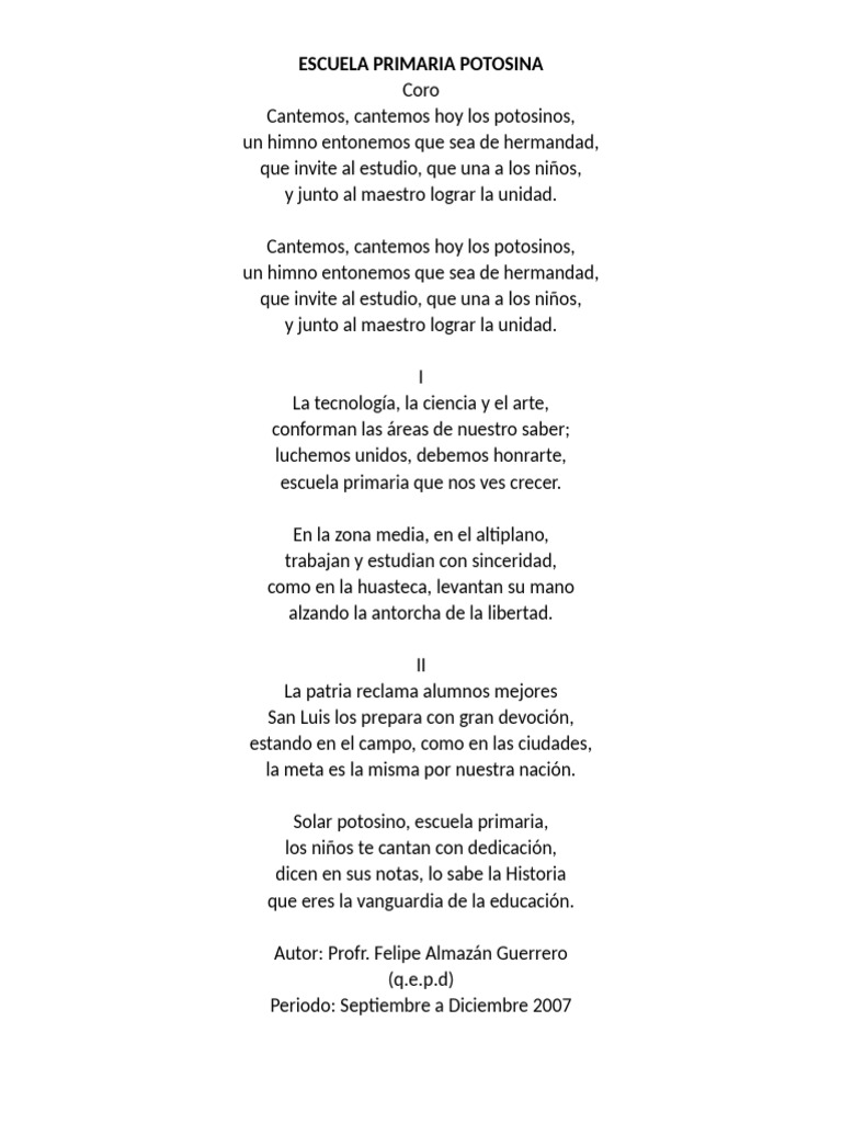 Himno a la Escuela Primaria Potosina | PDF | Ciencias sociales ...