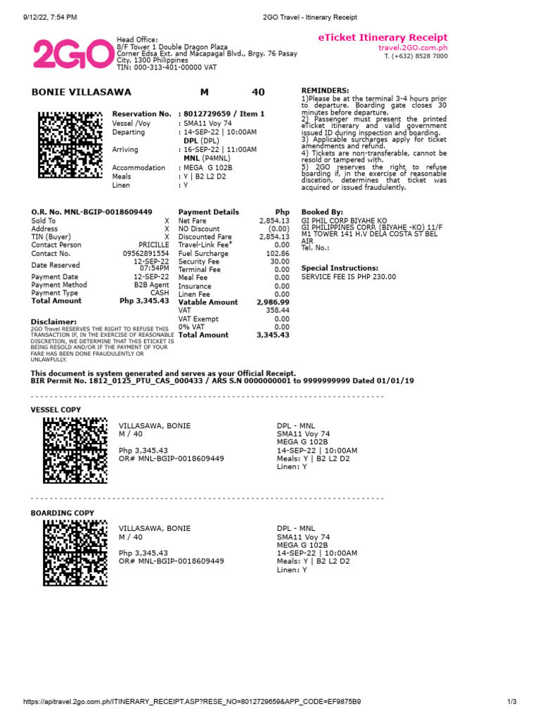 Bonie Villasawa 2go Ticket | PDF