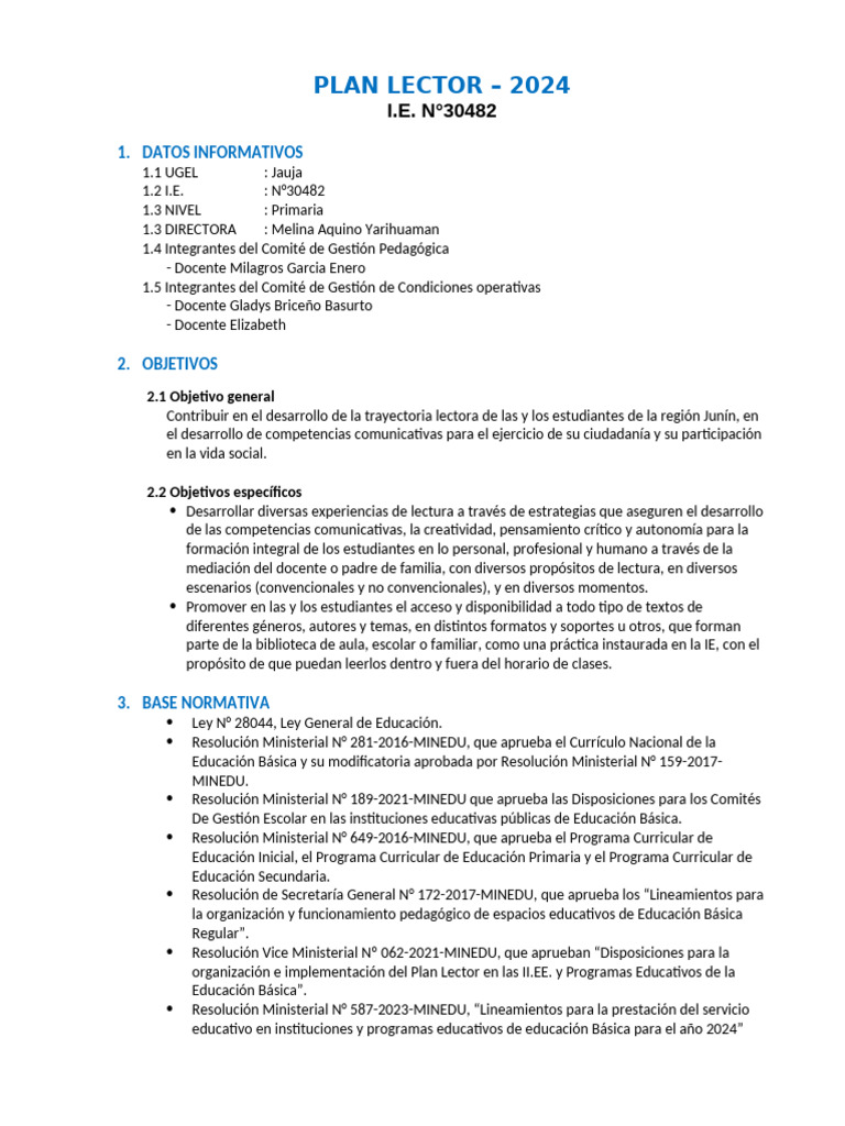 PLAN LECTOR PRIMERO 2024 | PDF