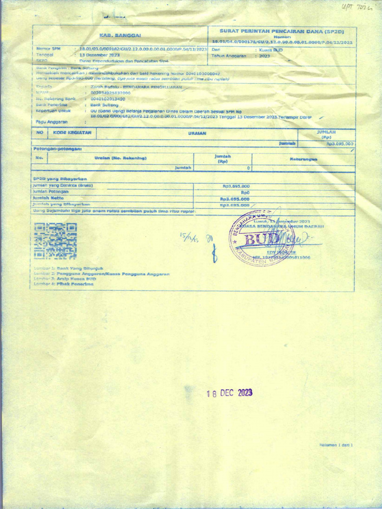 Sp2d Nomor 000175 Gu 15 Des Upt Toili | PDF