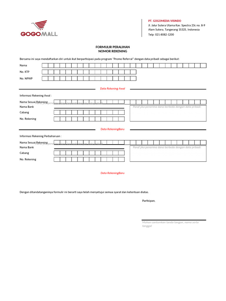 Formulir Pengalihan No Rek Promo Referral | PDF
