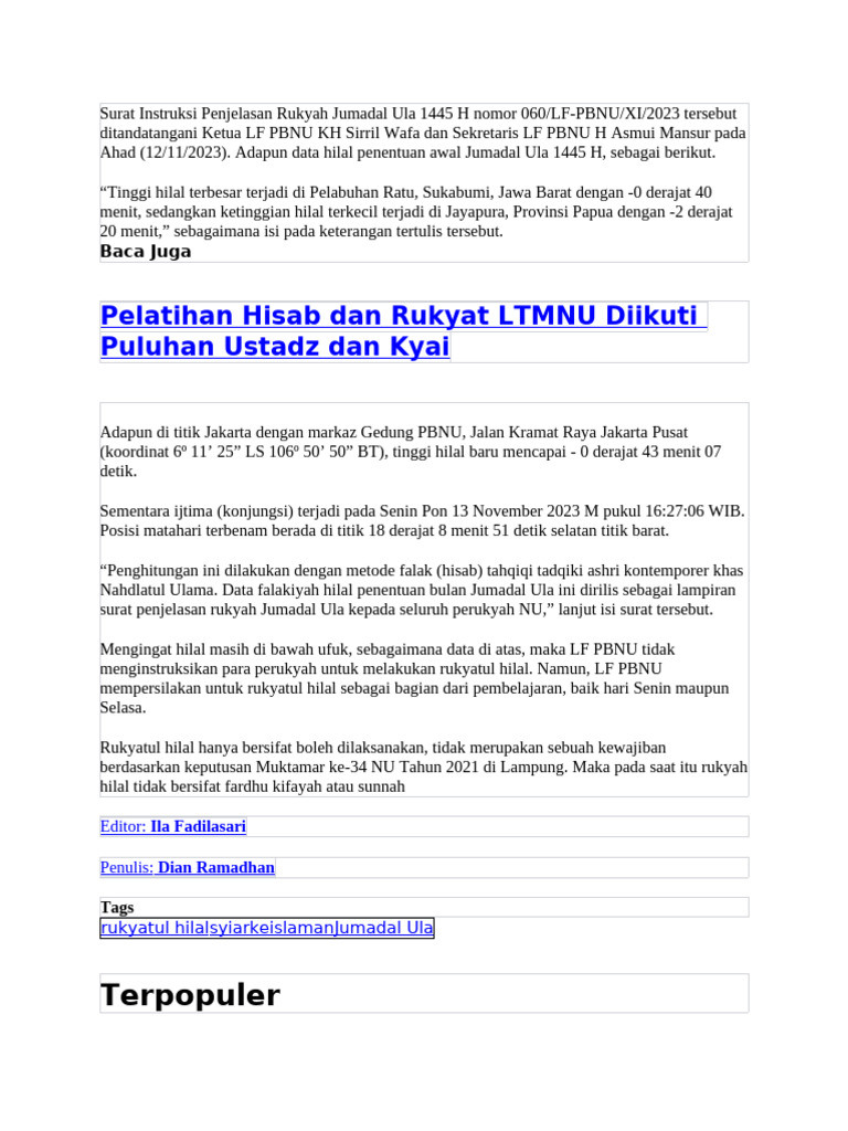 Surat Instruksi Penjelasan Rukyah Jumadal Ula 1445 H Nomor 060 | PDF