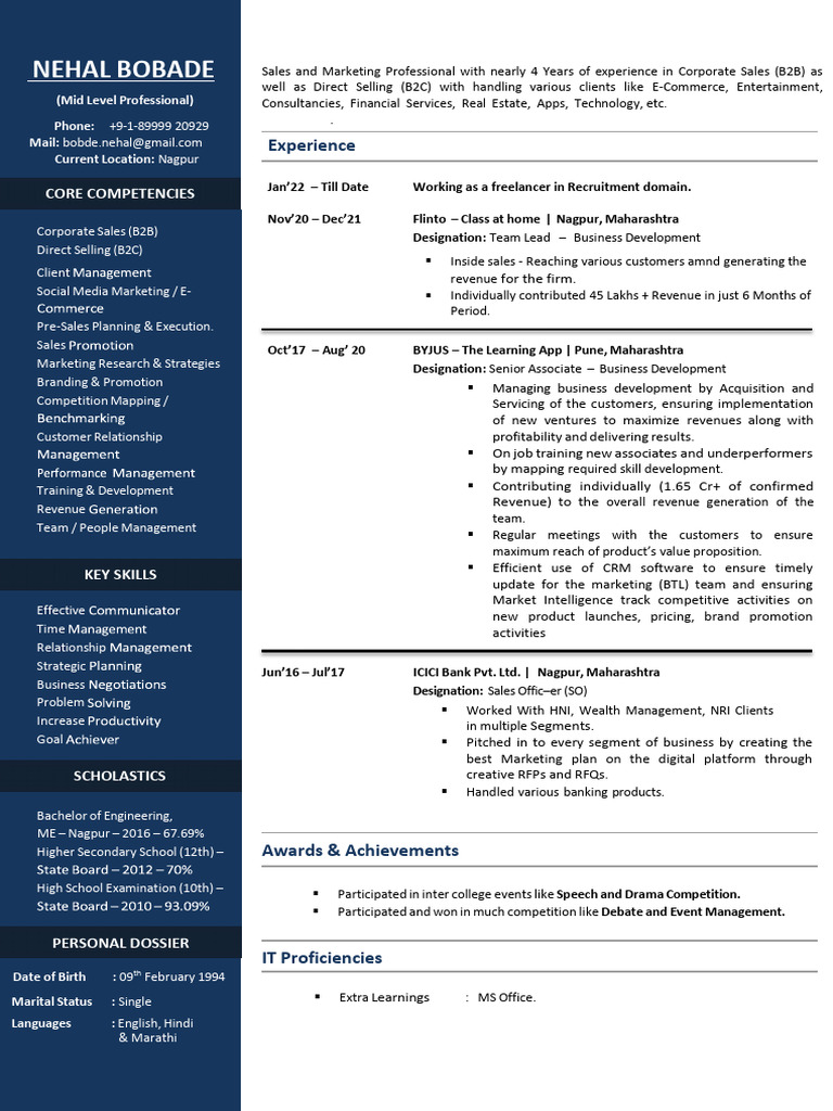 Nehal Bobade Resume2024 | PDF | Marketing | Career & Growth