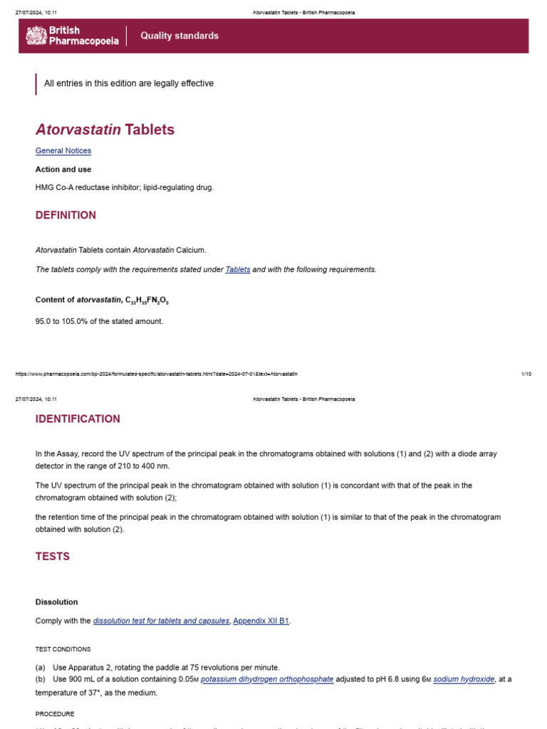 Atorvastatin Tablets USP Monograph | PDF | High Performance Liquid ...