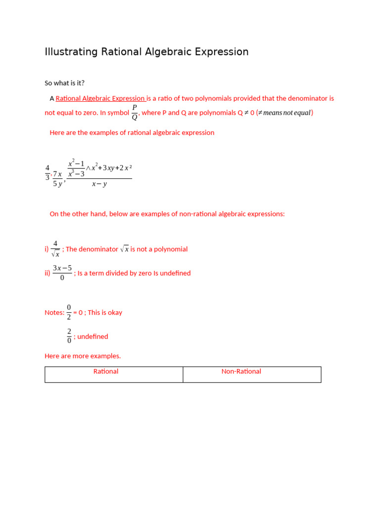 Illustrating Rational Algebraic Expression | PDF
