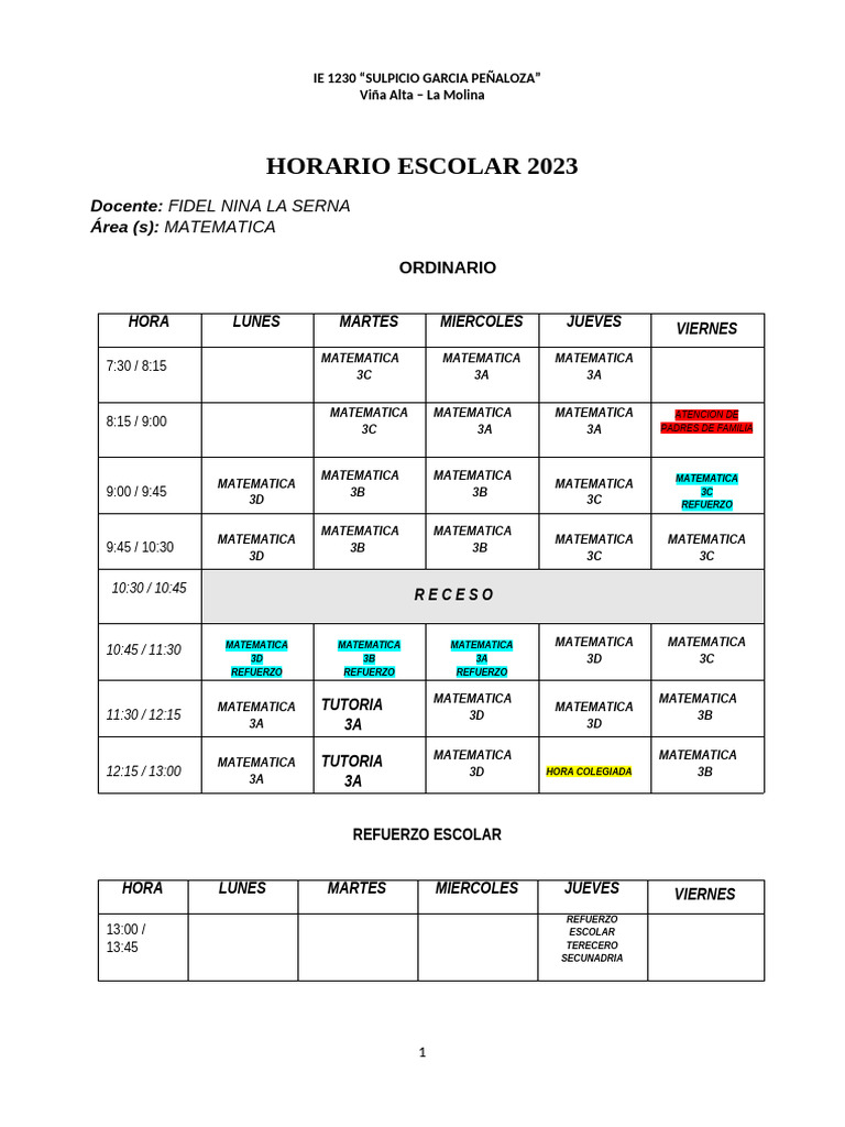 Completar Horario Con Refuerzo Escolar, Hora Colegiada y Atención A ...