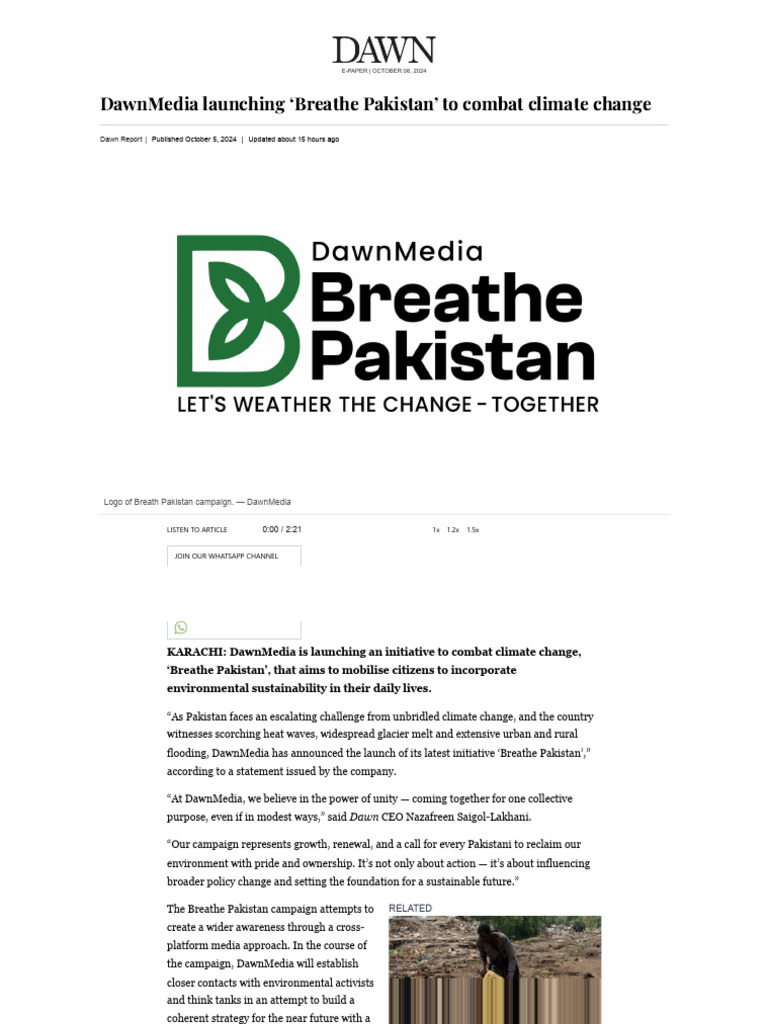 DawnMedia Launching Breathe Pakistan' To Combat Climate Change ...