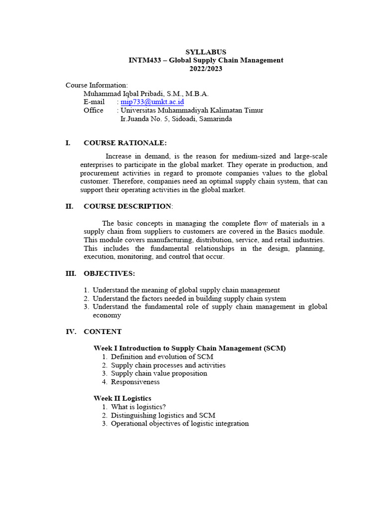 Global Supply Chain Management Syllabus | PDF