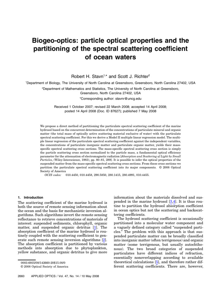Biogeo-Optics: Particle Optical Properties and The Partitioning of The ...