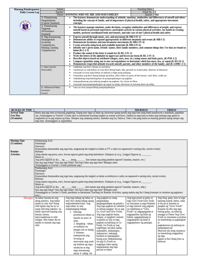 Kindergarten-DLL-MATATAG-Q1-Week 8 | PDF | Learning | Wellness