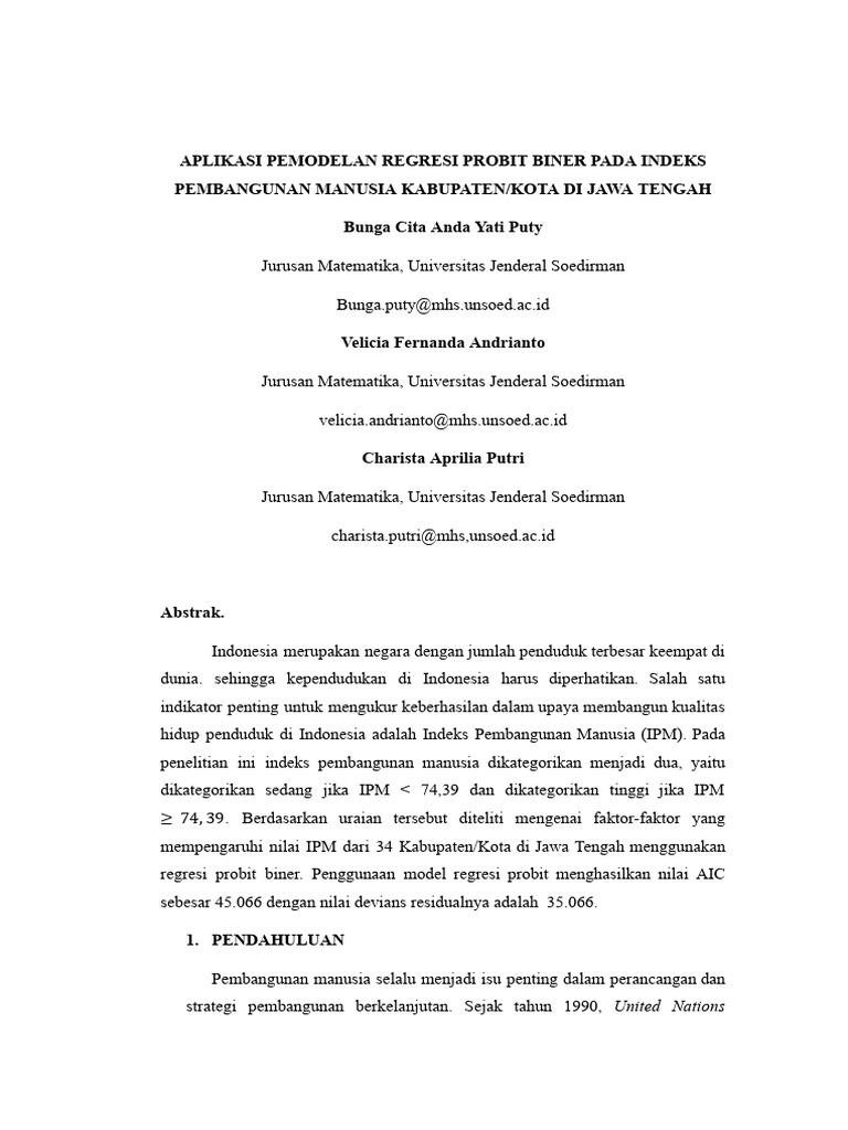 Aplikasi Pemodelan Regresi Probit Biner Pada Indeks Pembangunan Manusia Kabupaten | PDF