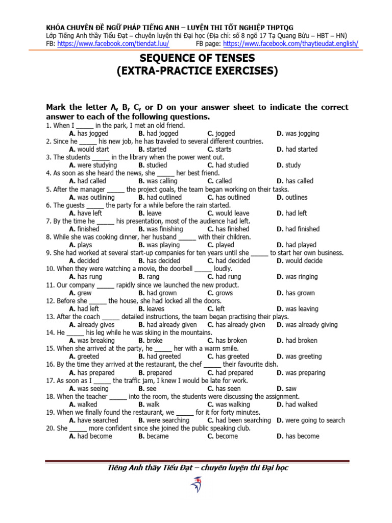 Sequence of Tenses (Extra-practice Exercises) | PDF
