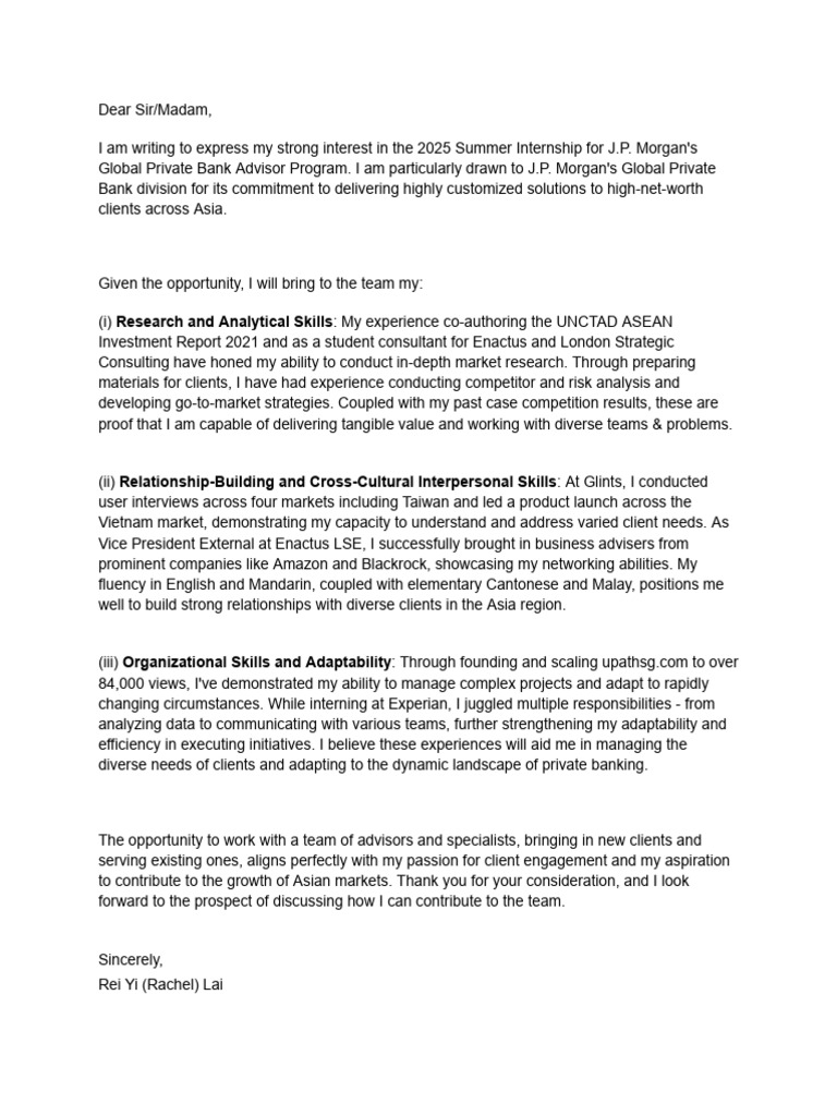 JPM Private Bank (SG) Cover Letter | PDF