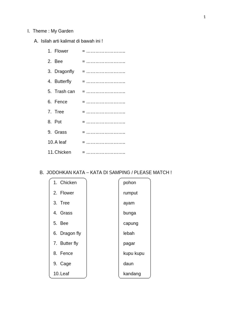 Soal Bhs Inggris (Kelas 1) | PDF