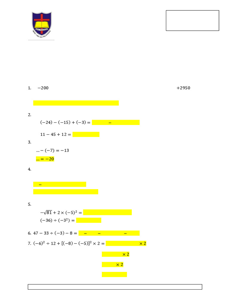 M-3 Review (Factors and Multiples & Integers) Answer Key | PDF