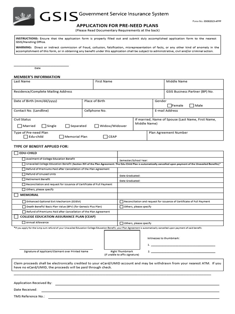Form 03092015 Application For Pre Need Plans | PDF