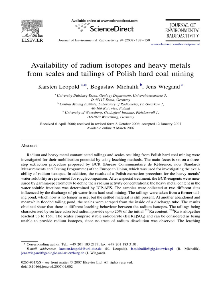 Availability of Radium Isotopes and Heavy Metals From Scales and ...