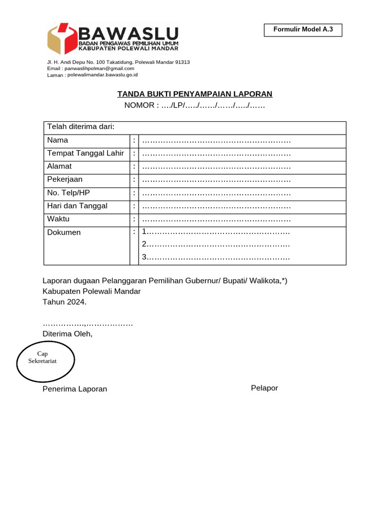 FORMULIR MODEL A.3 Tanda Bukti | PDF
