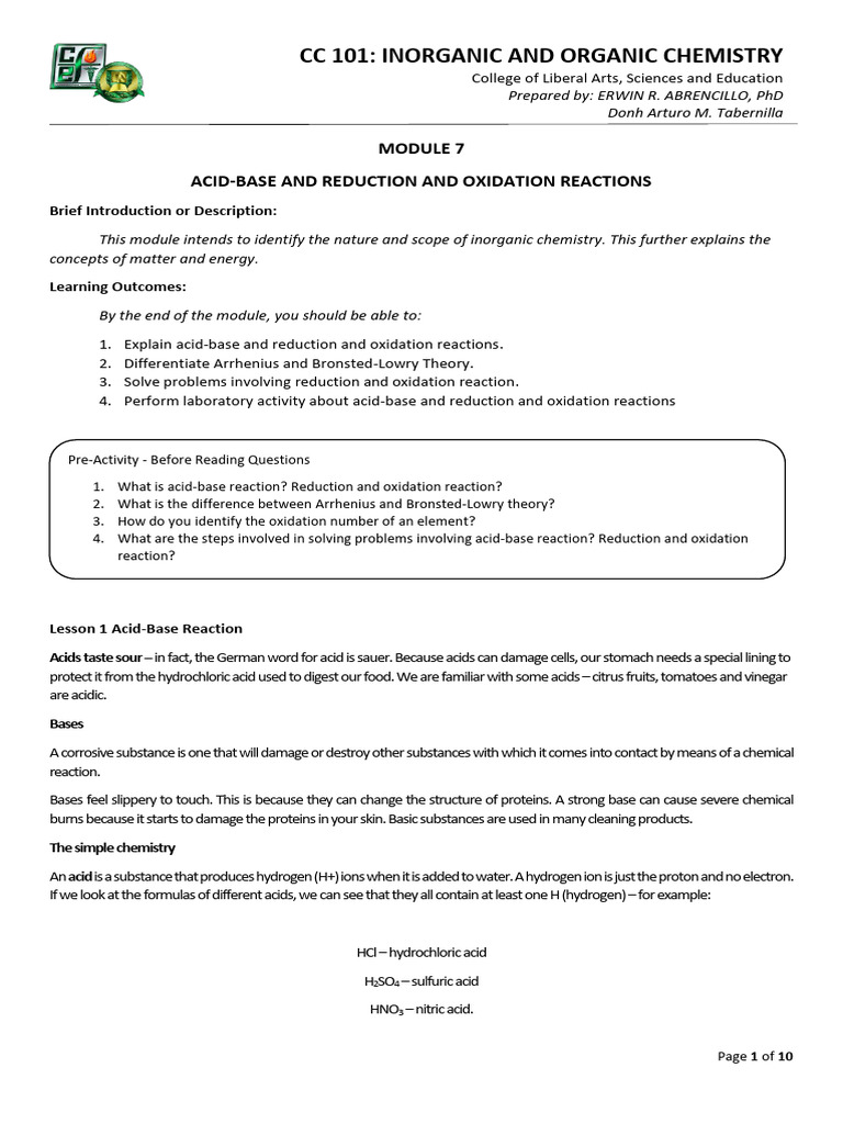 Nqobaumac CC 101 MODULE 7 Acid Base and Reduction Adn Oxidation Reactions | PDF