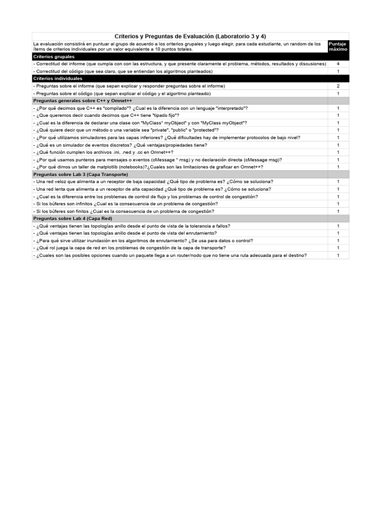 Grilla de Criterios y Preguntas de Evaluación - Lab 3 y 4 | PDF