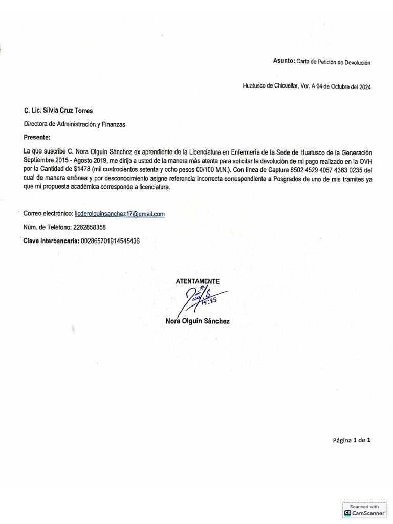 Carta de Petición de Devolución | PDF