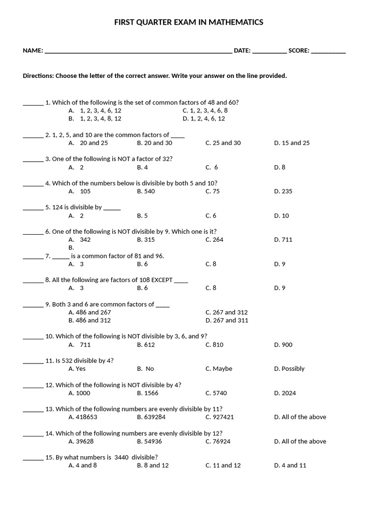 First Quarter Exam in Math | PDF