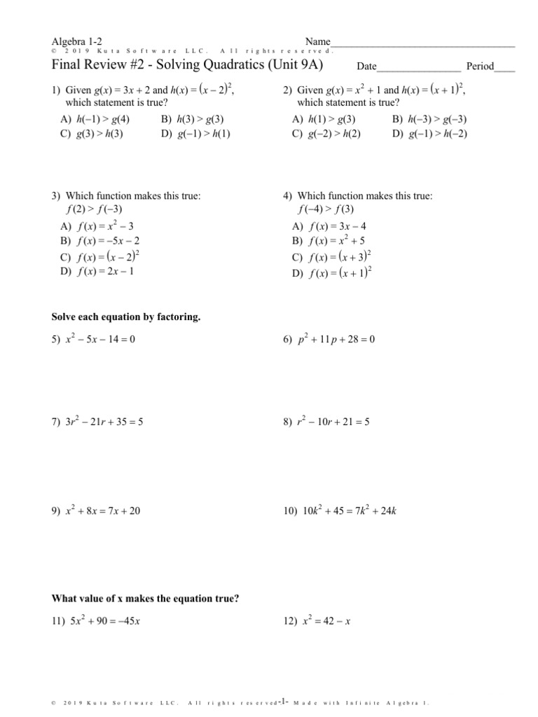 Semester 2 - Final Review 2 - Solving Quadratics Unit 9a | PDF