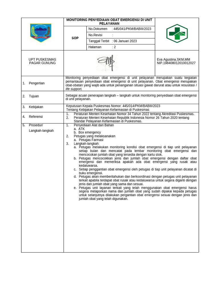 3.10.1.ep.f.sop Monitoring Penyediaan Obat Emergensi Di Unit Pelayanan ...