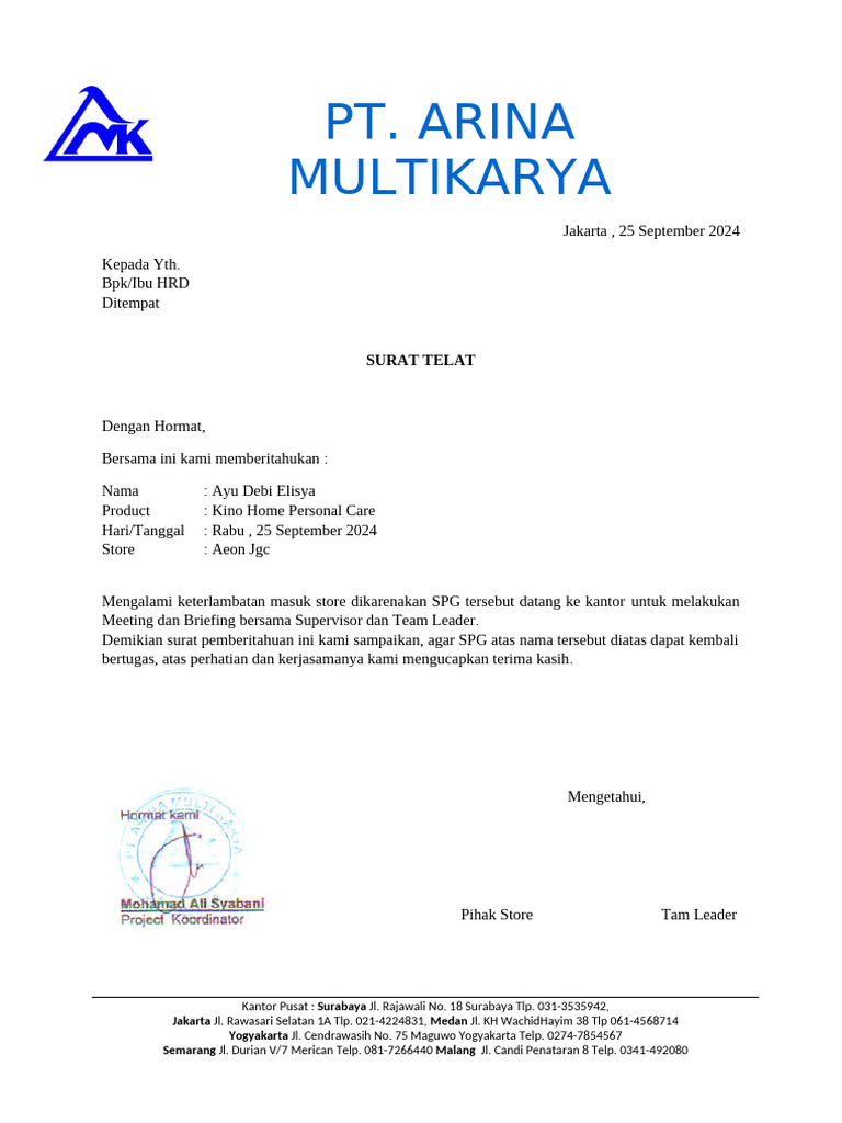 SURAT TELAT ARINA | PDF