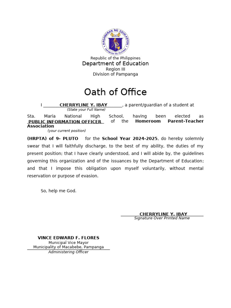 HRPTA Officers Oath of Office | PDF