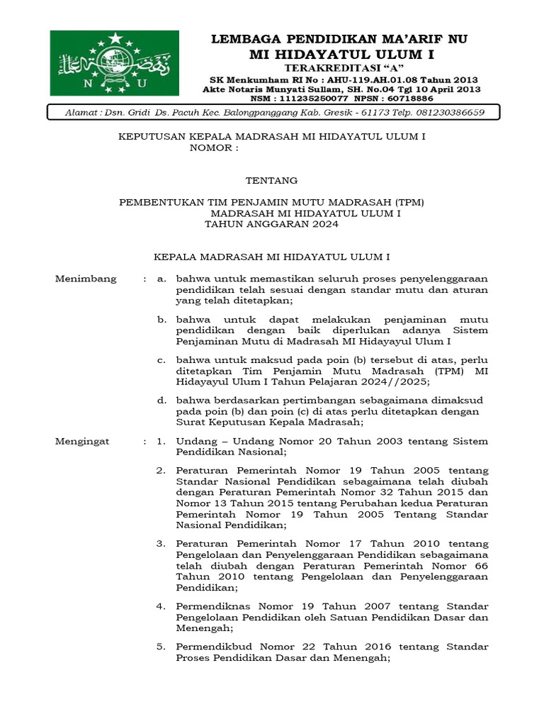 SK Tim Penjamin Mutu Madrasah (TPM) 2024 | PDF