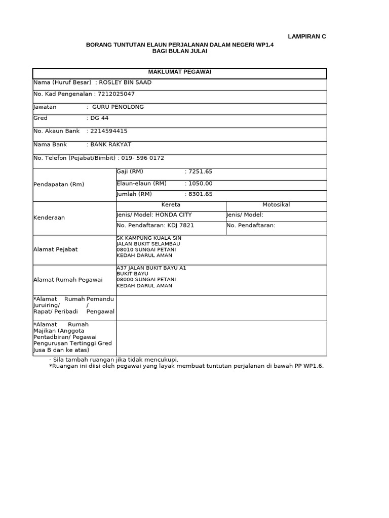 Borang Tuntutan Perjalanan Tahun 2024. Baru Excel - WP 1.4 01012024 | PDF