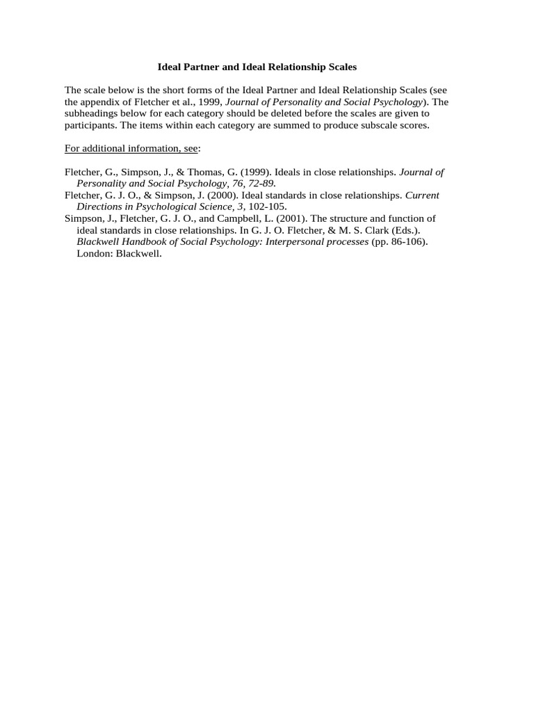 Ideal Partner and Relationship Scales | PDF