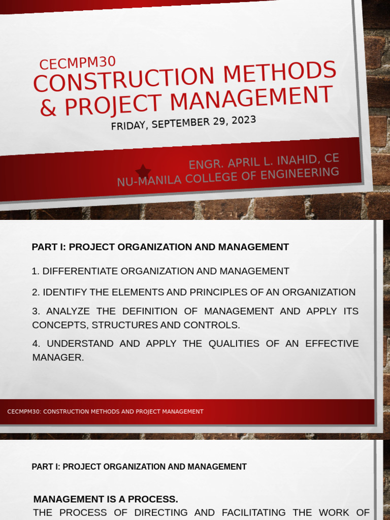2.) CONSTRUCTION METHODS & PROJECT MANAGEMENT - PROJECT ORGANIZATION AND MANAGEMENT - Sept | PDF ...