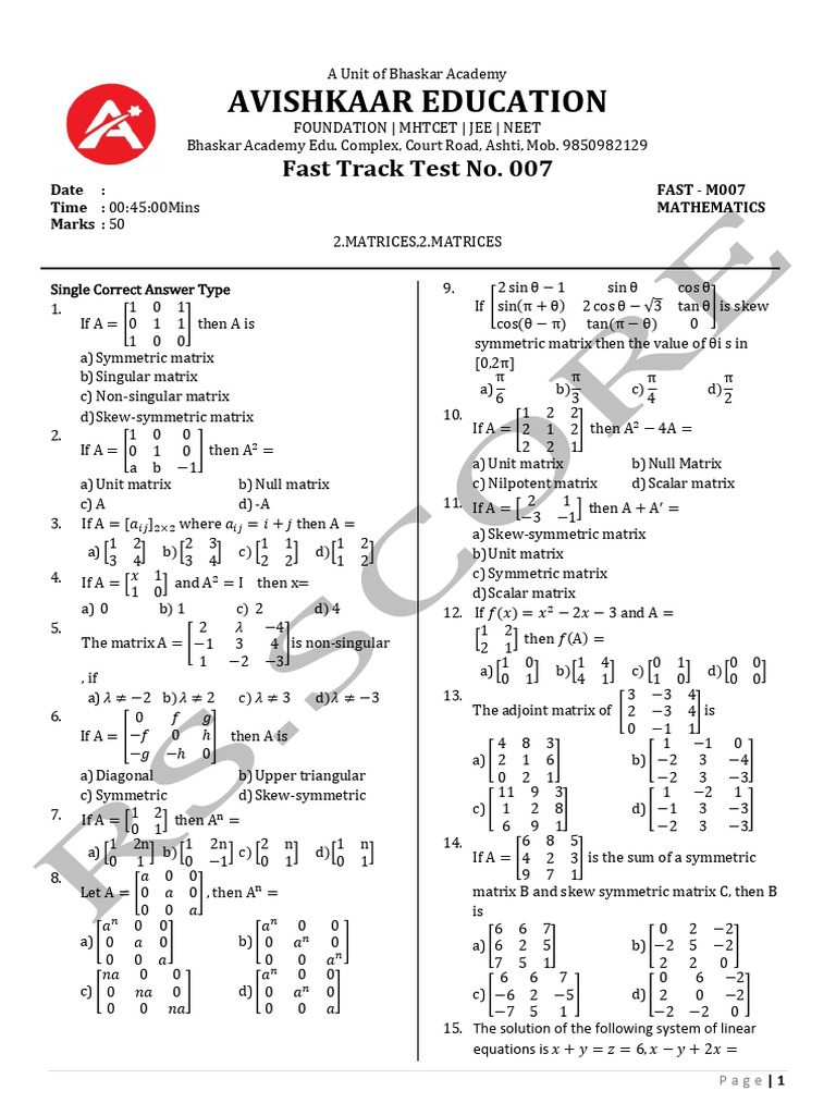 Test Id-Fast - M007-Mathematics - Matrices | PDF | Matrix (Mathematics ...