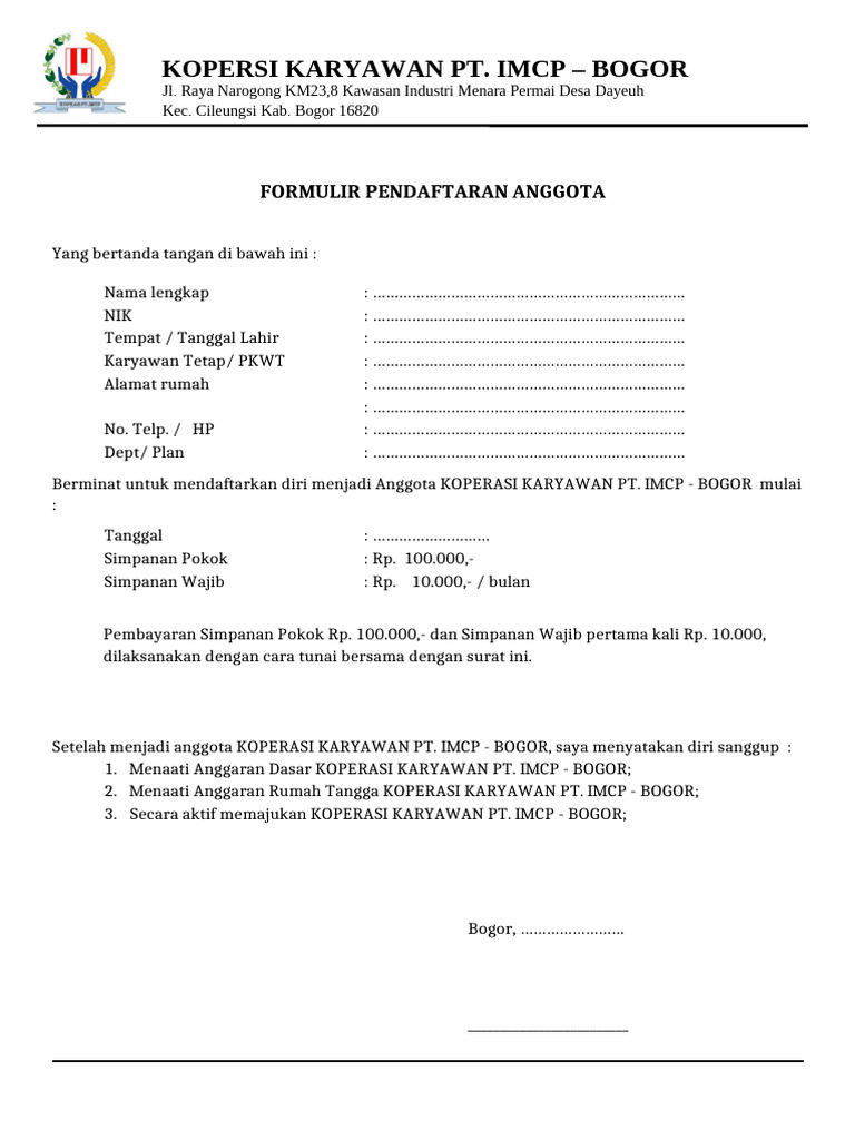 Formulir Pendaftaran Anggota Koperasi | PDF