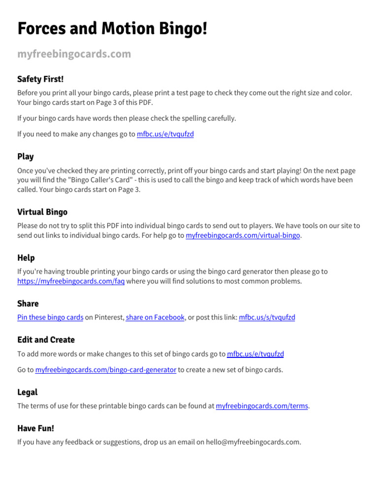 Forces and Motion Bingo | PDF