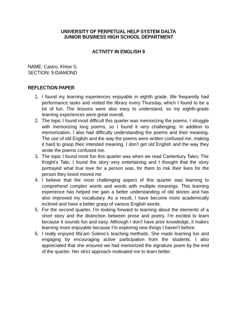 REFLECTION PAPER | PDF