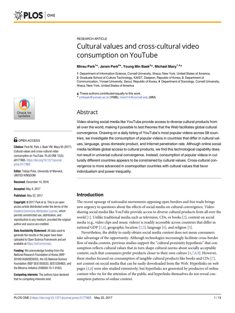 Cultural Values and Cross-Cultural Video Consumption On YouTube | PDF