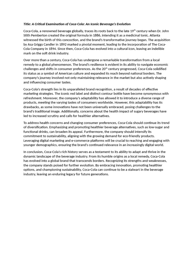 A Critical Examination of Coca-Cola An Iconic Beverage's Evolution ...