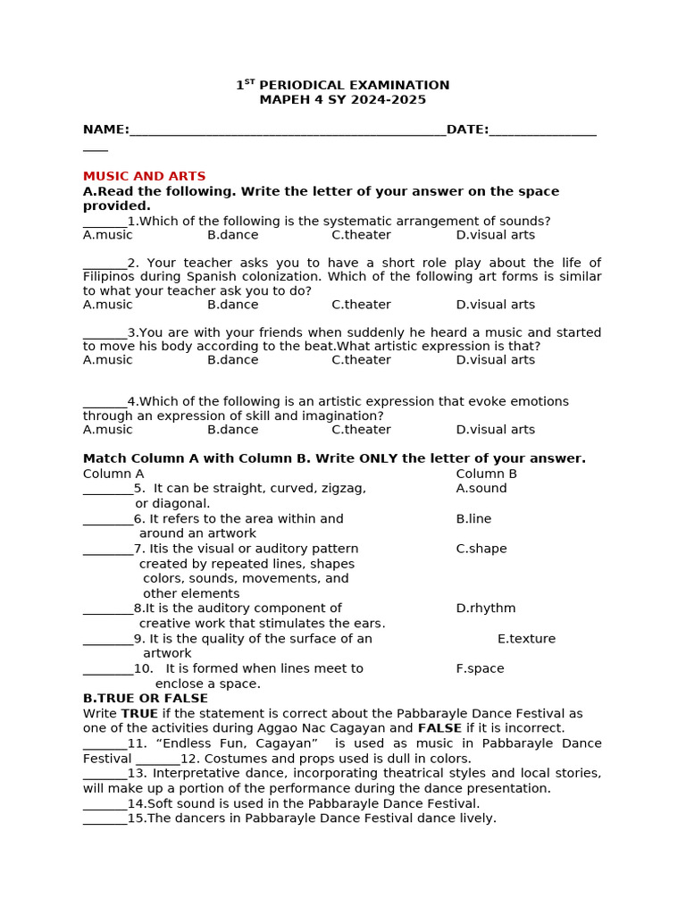 Mapeh 4 Periodical Test | PDF