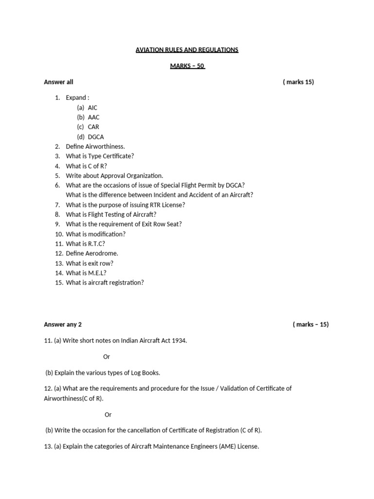 AVIATION RULES AND REGULATIONS Question Paper | PDF | Aerospace ...
