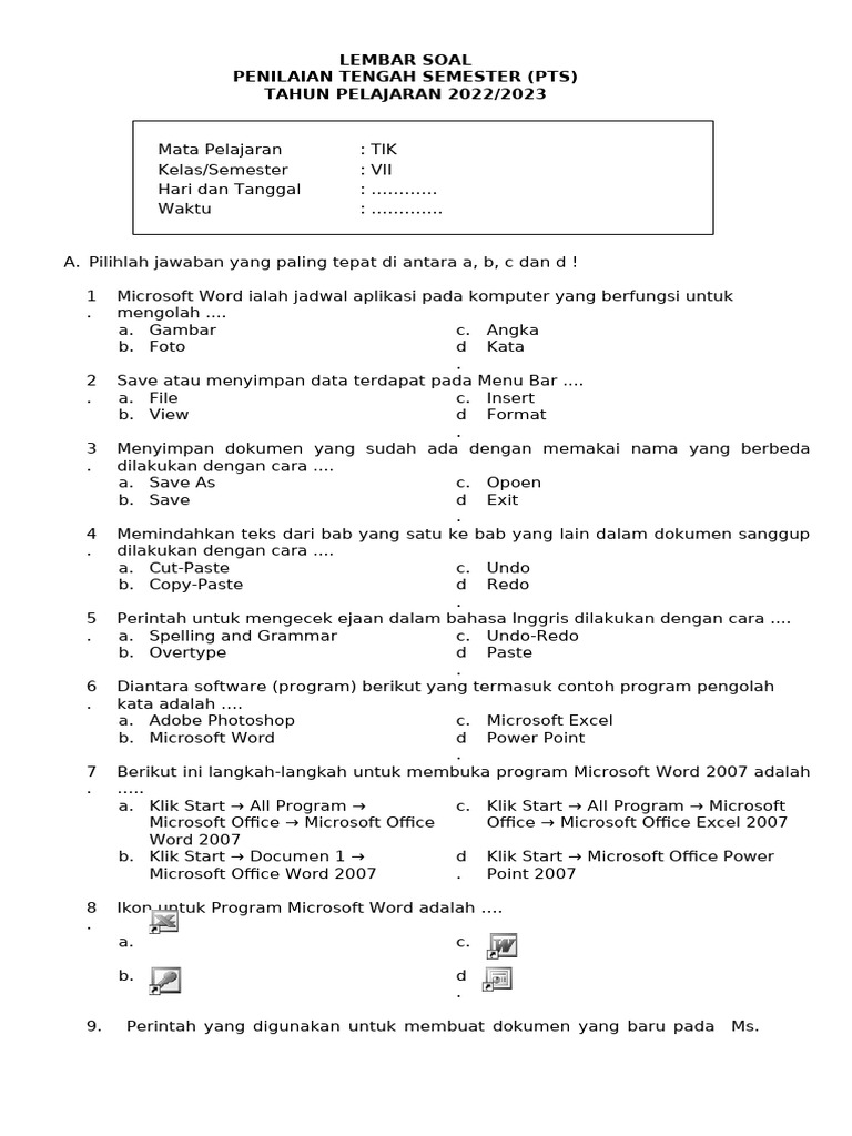 Soal PTS Tik KLS 7 | PDF
