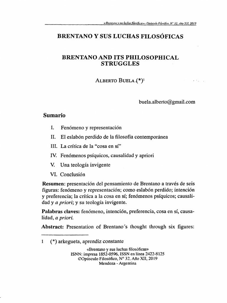 BRENTANO Y SUS LUCHAS FILOSÓFICAS Alberto Buela Lamas | PDF