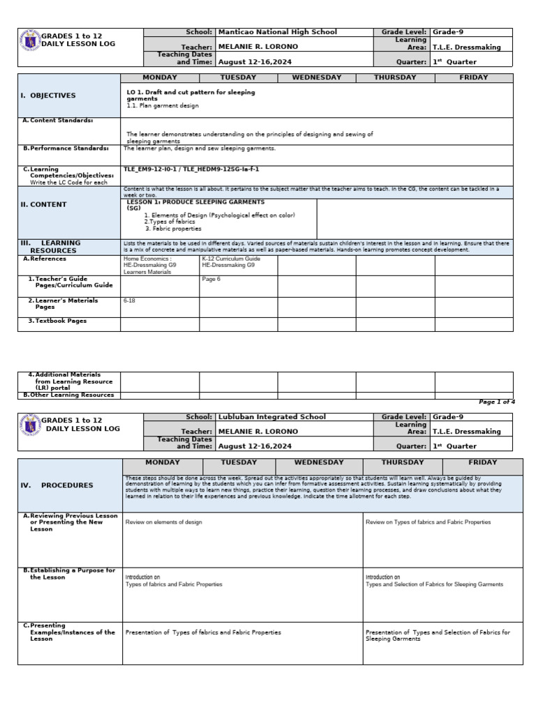 DLL - Grades 9 Week 3 2024-25 | PDF | Learning | Teaching