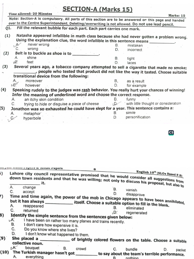 ENGLISH-CLASS - X Mcqs From Model Papers (Maryam Publications) | PDF