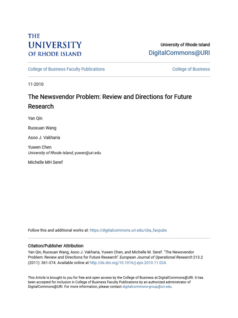The Newsvendor Problem - Review and Directions For Future Research | PDF