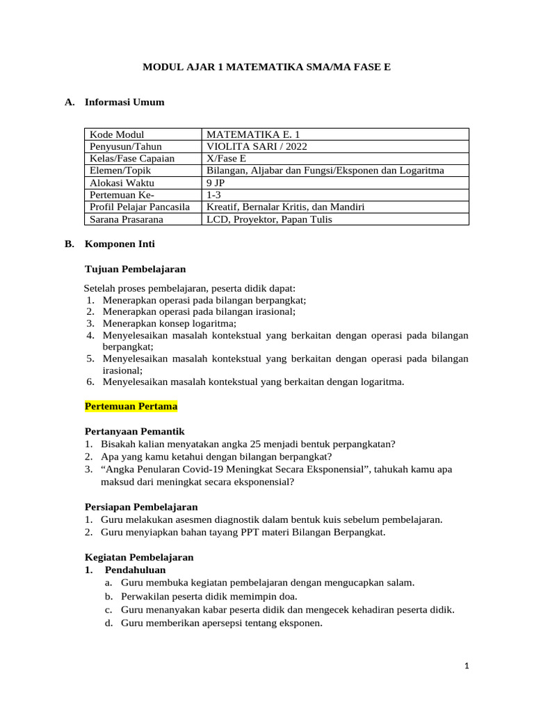 05. MODUL AJAR 1 MATEMATIKA SMA FASE E | PDF
