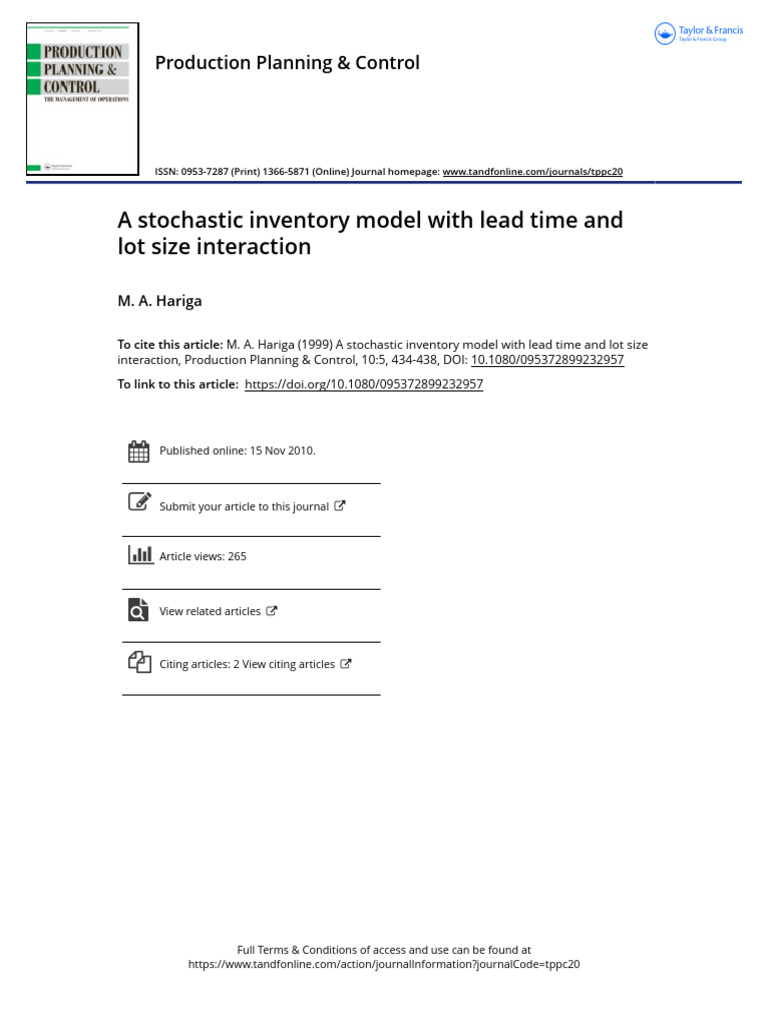 A Stochastic Inventory Model With Lead Time And Lot Size Interaction Pdf